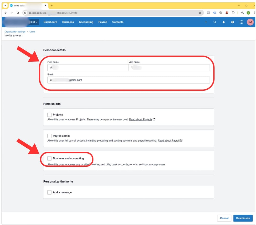 Invite a user to Xero for Bookkeeping