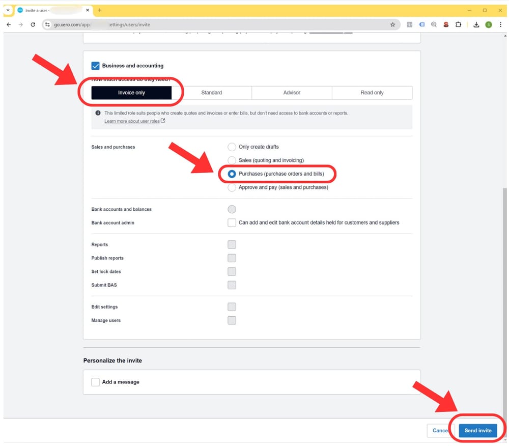 Invite a user to Xero for Bookkeeping