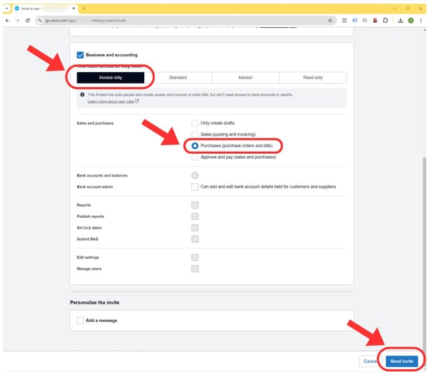 Invite a user to Xero for Bookkeeping